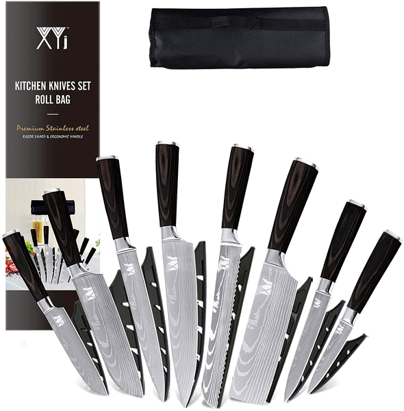 XYJ Stainless Steel Kitchen Knives Set 8 Piece Chef Knife Set with Car ...
